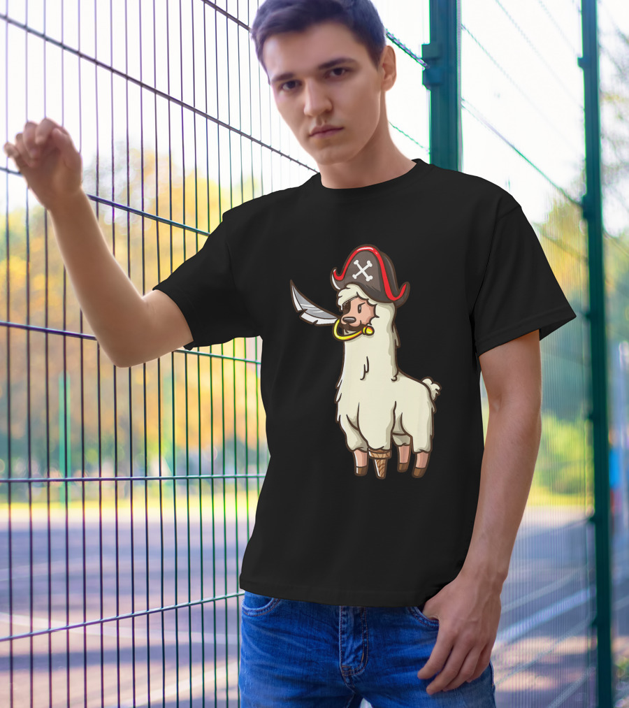 Pirate Llama With Hat And Sword Halloween Party T-Shirt