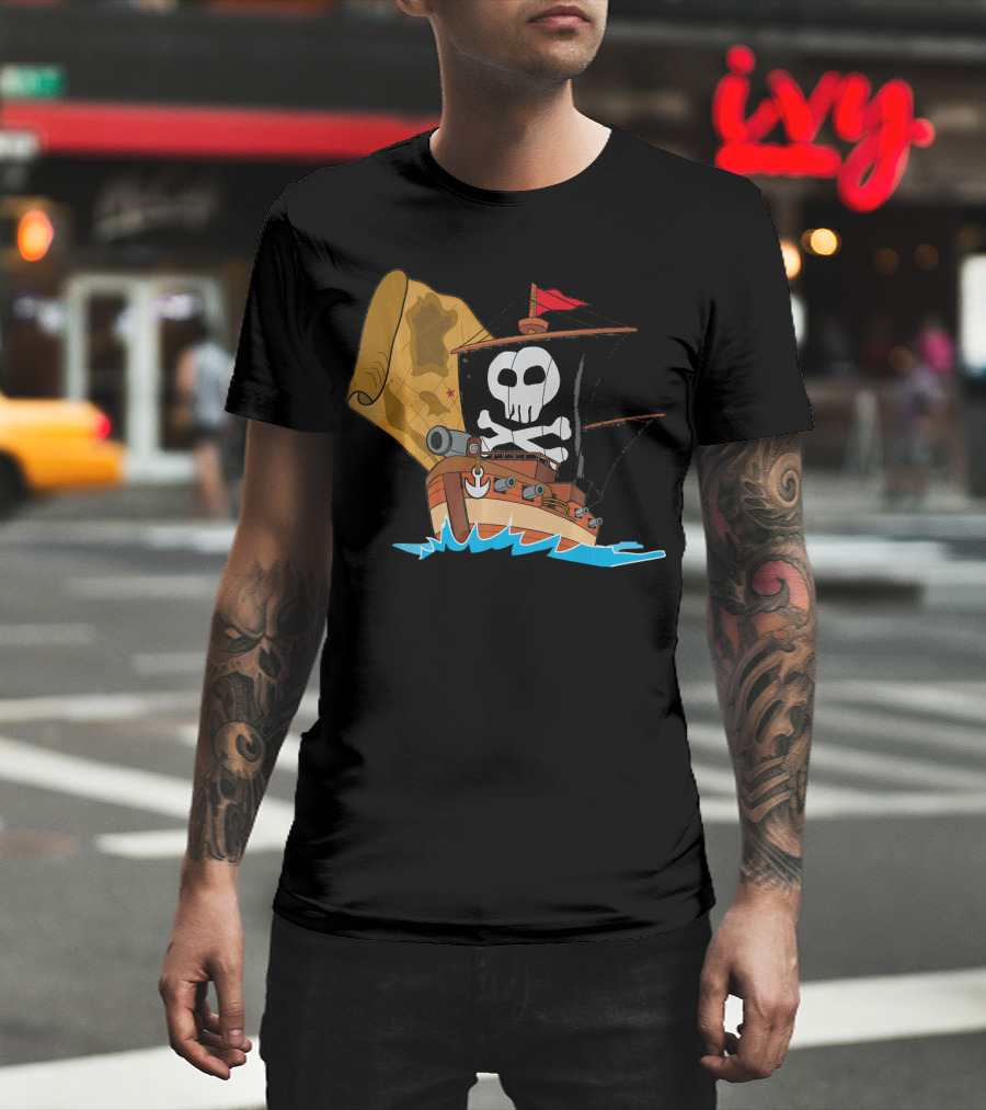 Pirate Ship With Jolly Roger And Treasure Map T-Shirt