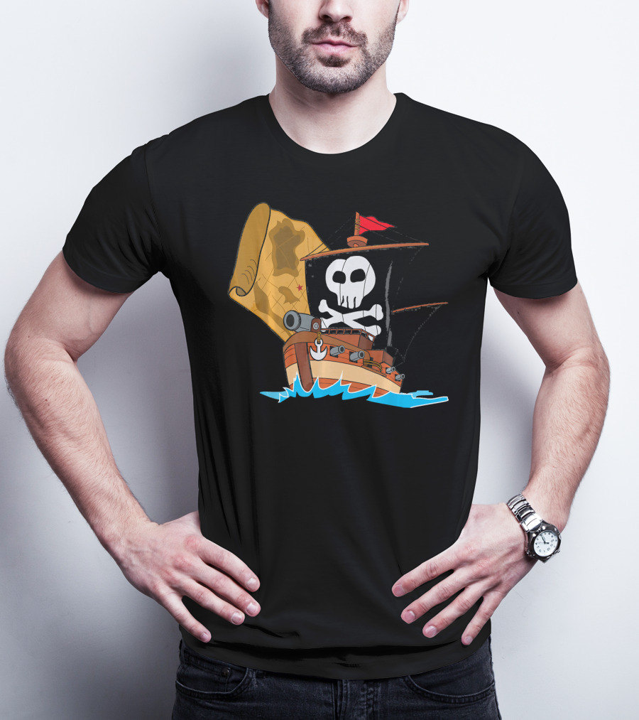 Pirate Ship With Jolly Roger And Treasure Map T-Shirt