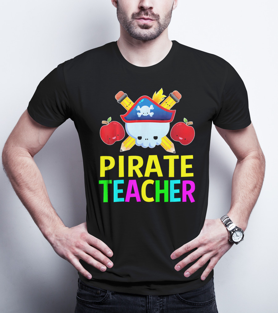 Pirate Teacher Halloween Costume Skull Pencils Apples T-Shirt