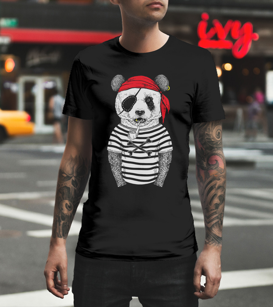 Panda Bear Pirate Wearing Striped Shirt With Red Bandana And Eye Patch T-Shirt