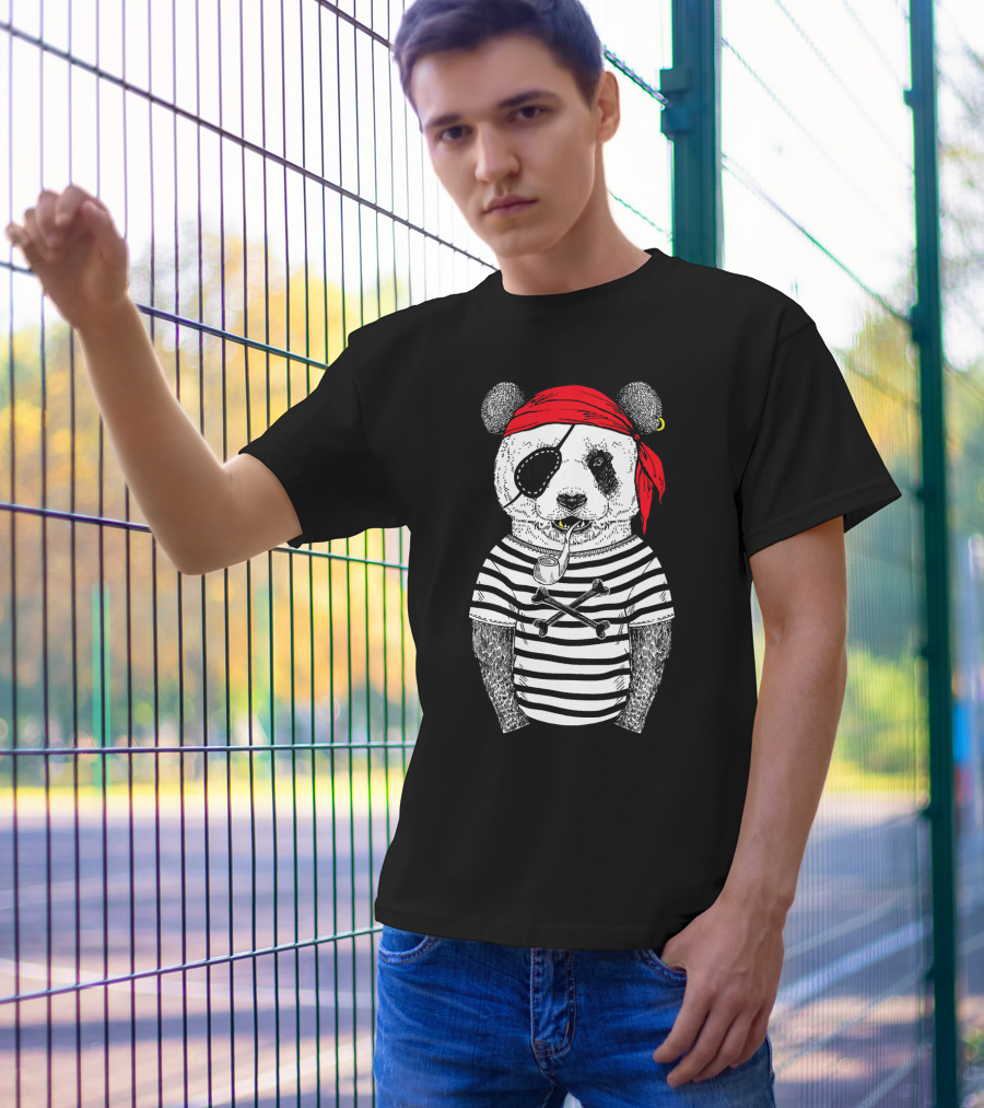 Panda Bear Pirate Wearing Striped Shirt With Red Bandana And Eye Patch T-Shirt