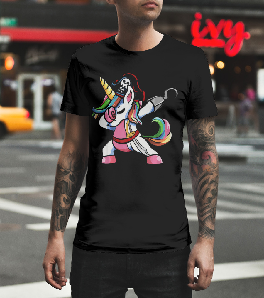 Halloween Dabbing Pirate Unicorn With Rainbow Mane And Hook T-Shirt