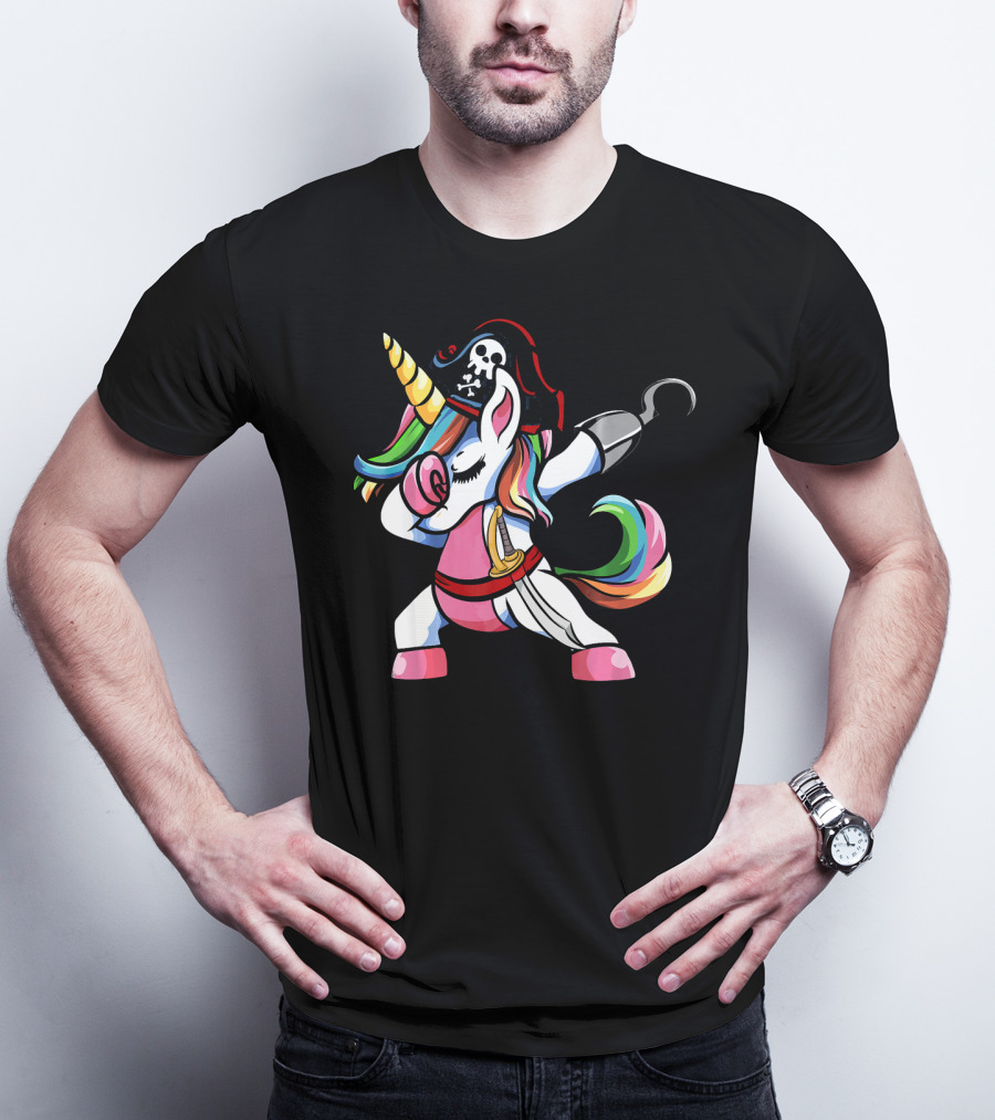Halloween Dabbing Pirate Unicorn With Rainbow Mane And Hook T-Shirt