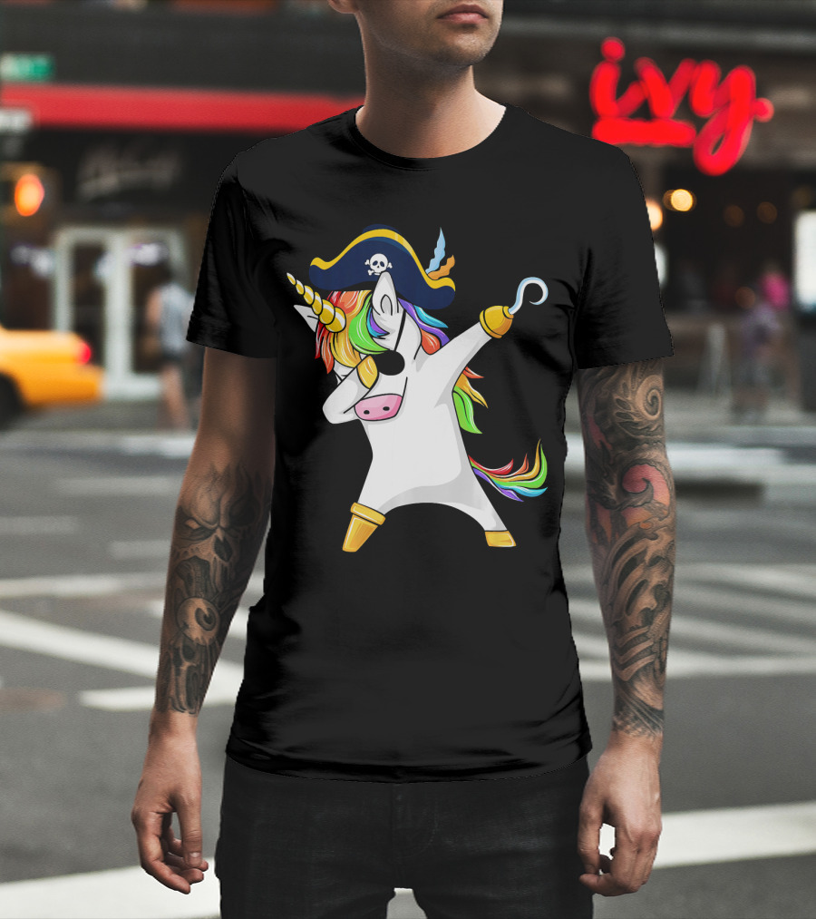 Funny Dabbing Unicorn Pirate With Rainbow Hair And Skull Hat T-Shirt
