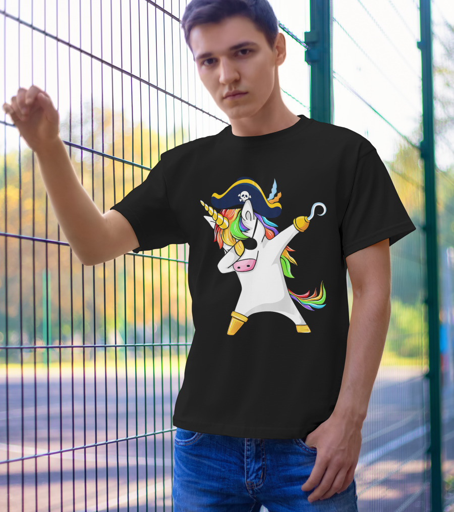 Funny Dabbing Unicorn Pirate With Rainbow Hair And Skull Hat T-Shirt
