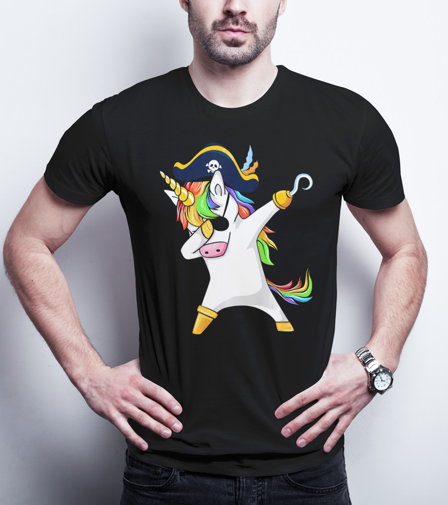 Funny Dabbing Unicorn Pirate With Rainbow Hair And Skull Hat T-Shirt