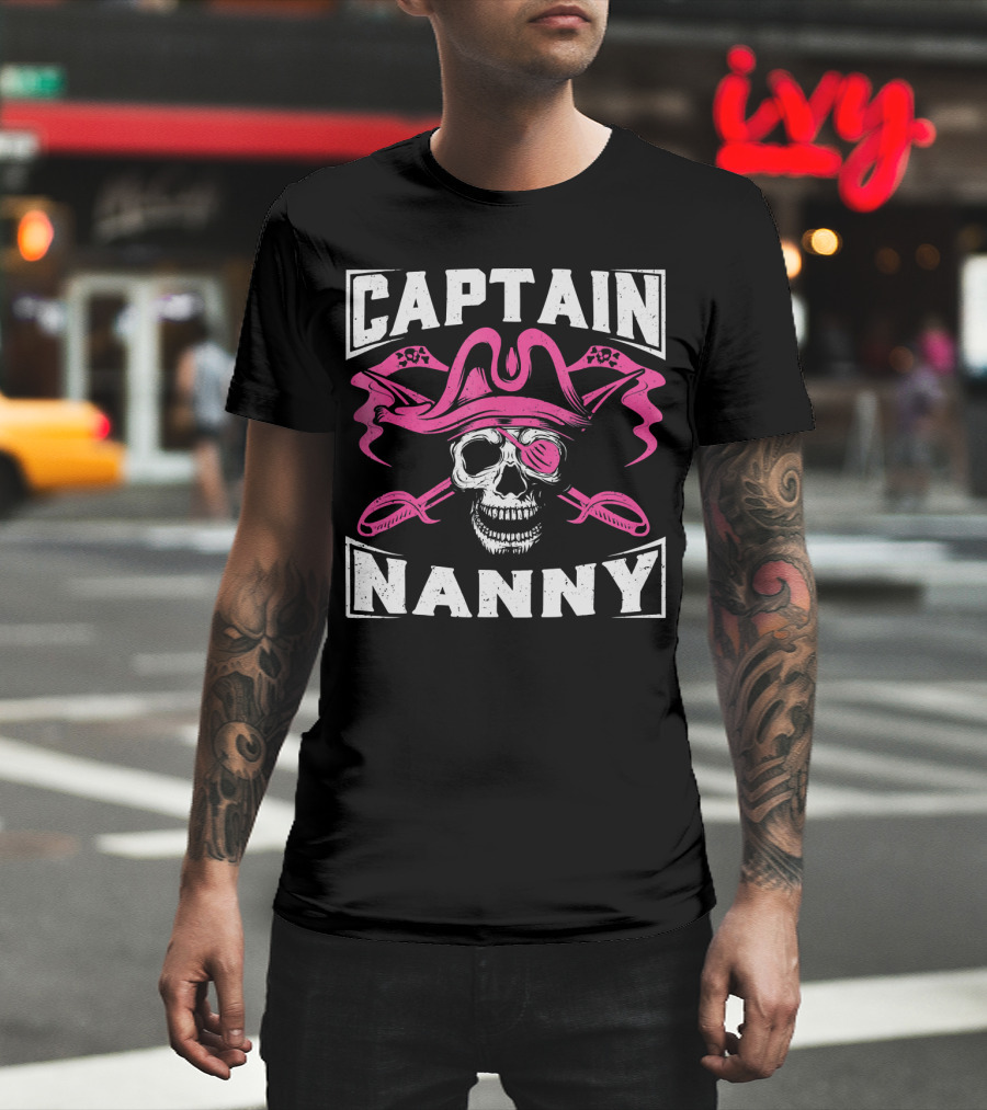 Captain Nanny Skull Pink Pirate Hat Crossed Swords T-Shirt