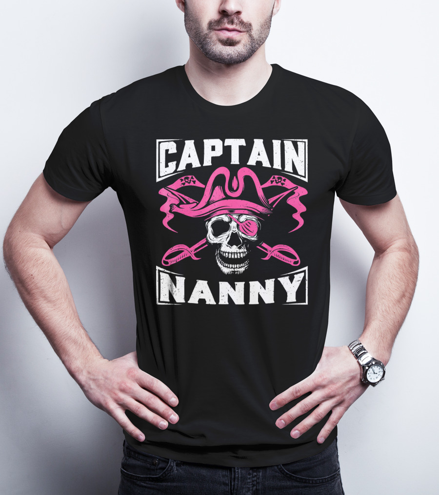 Captain Nanny Skull Pink Pirate Hat Crossed Swords T-Shirt