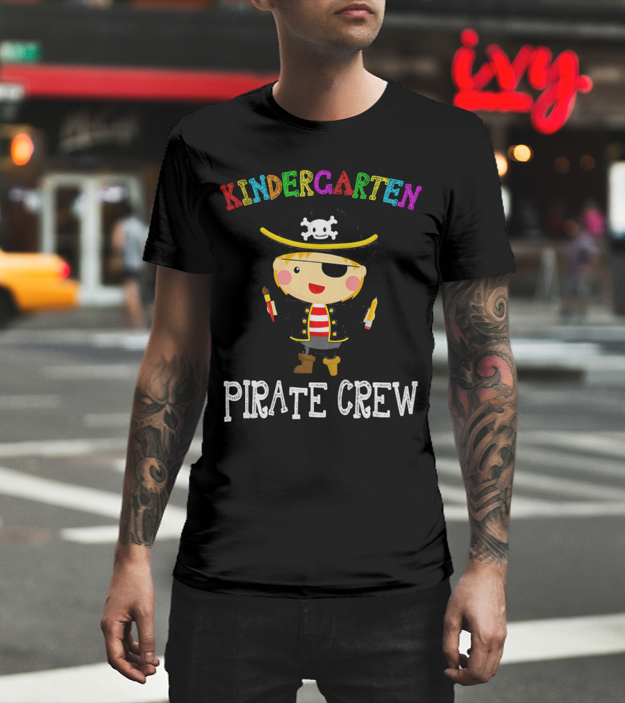 Kindergarten Pirate Crew Sketched Colorful Text With Pirate Boy Holding Crayons T-Shirt