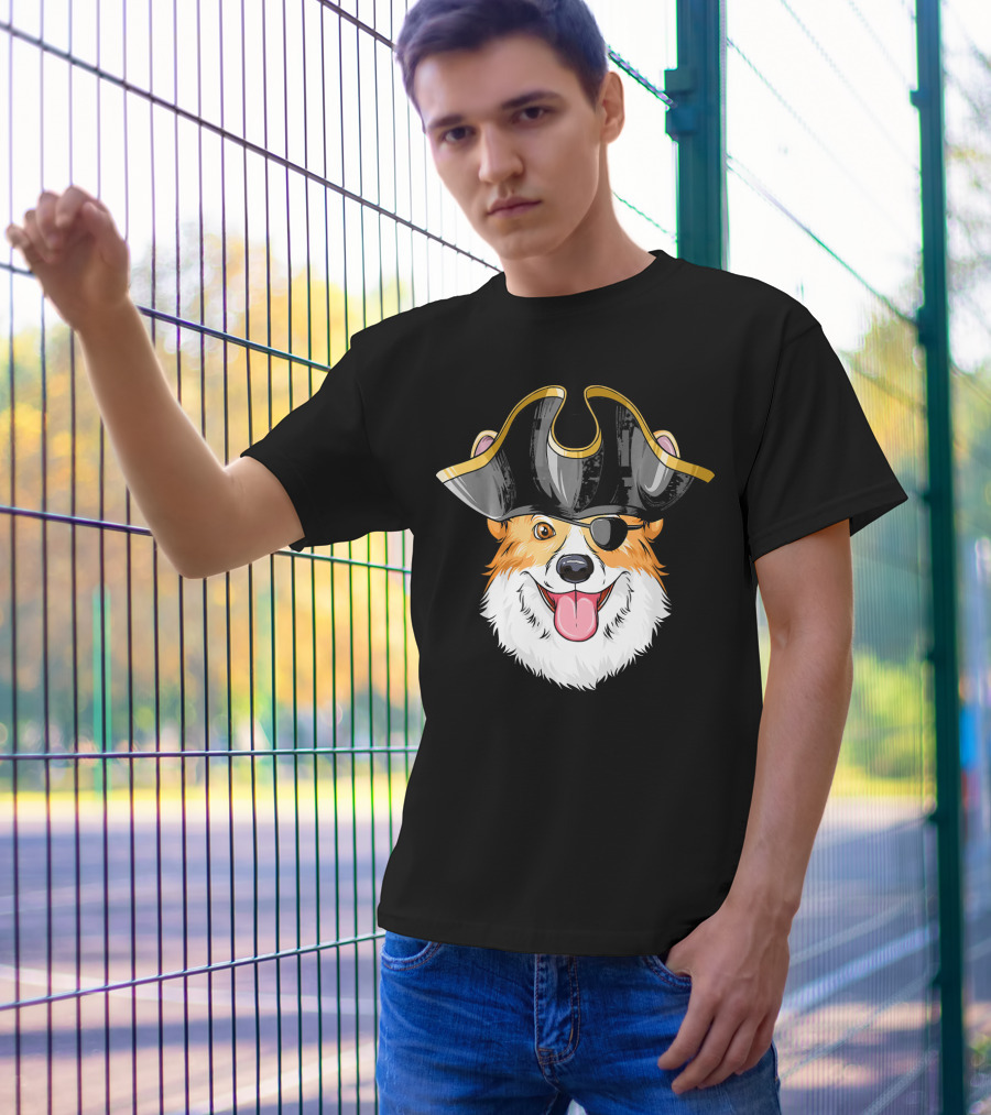 Pirate Corgi Wearing Black Tricorn Hat And Eye Patch T-Shirt