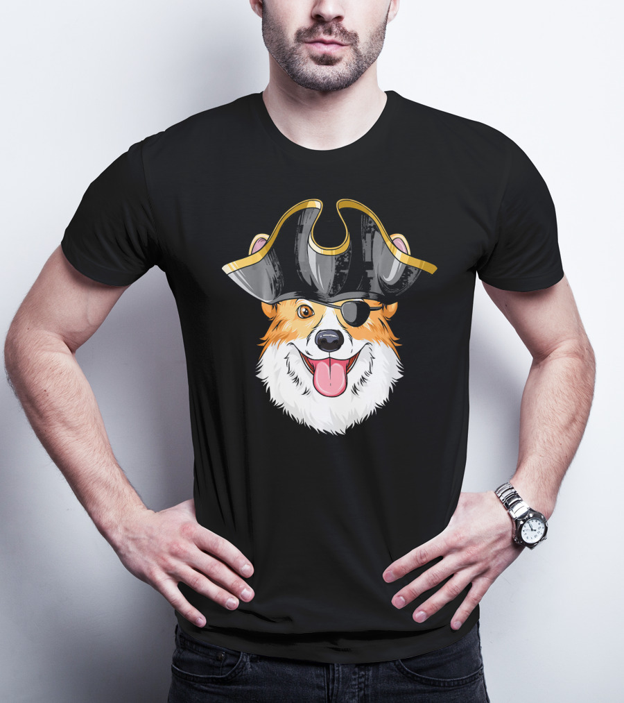 Pirate Corgi Wearing Black Tricorn Hat And Eye Patch T-Shirt