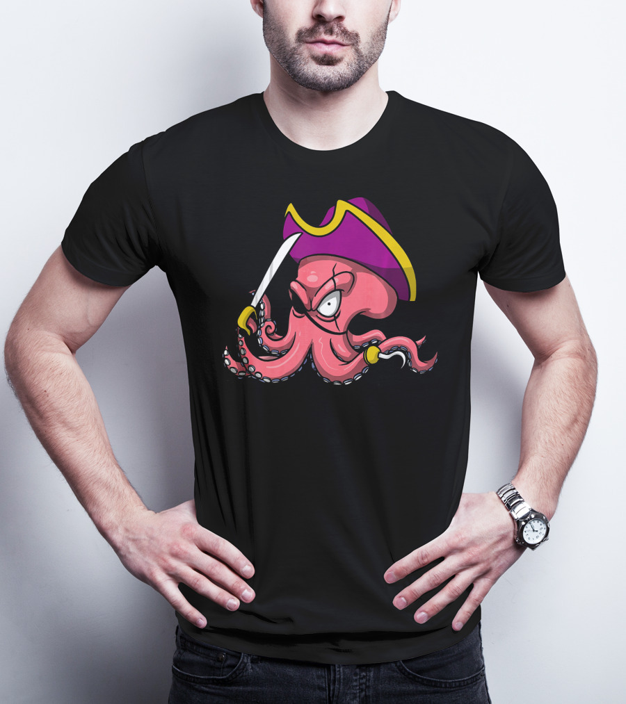 Octopus Pirate Captain With Cutlass And Buccaneer Hat T-Shirt