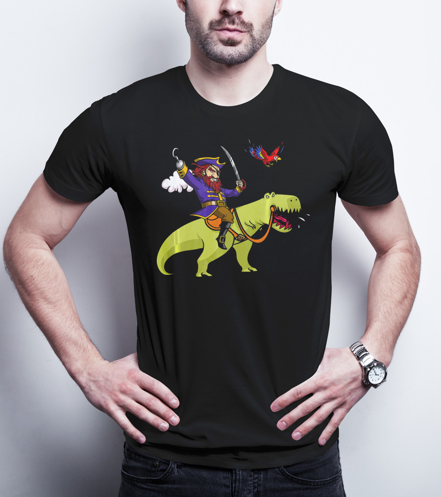 Pirate Sailor Rides T-Rex Dinosaur With Parrot T-Shirt