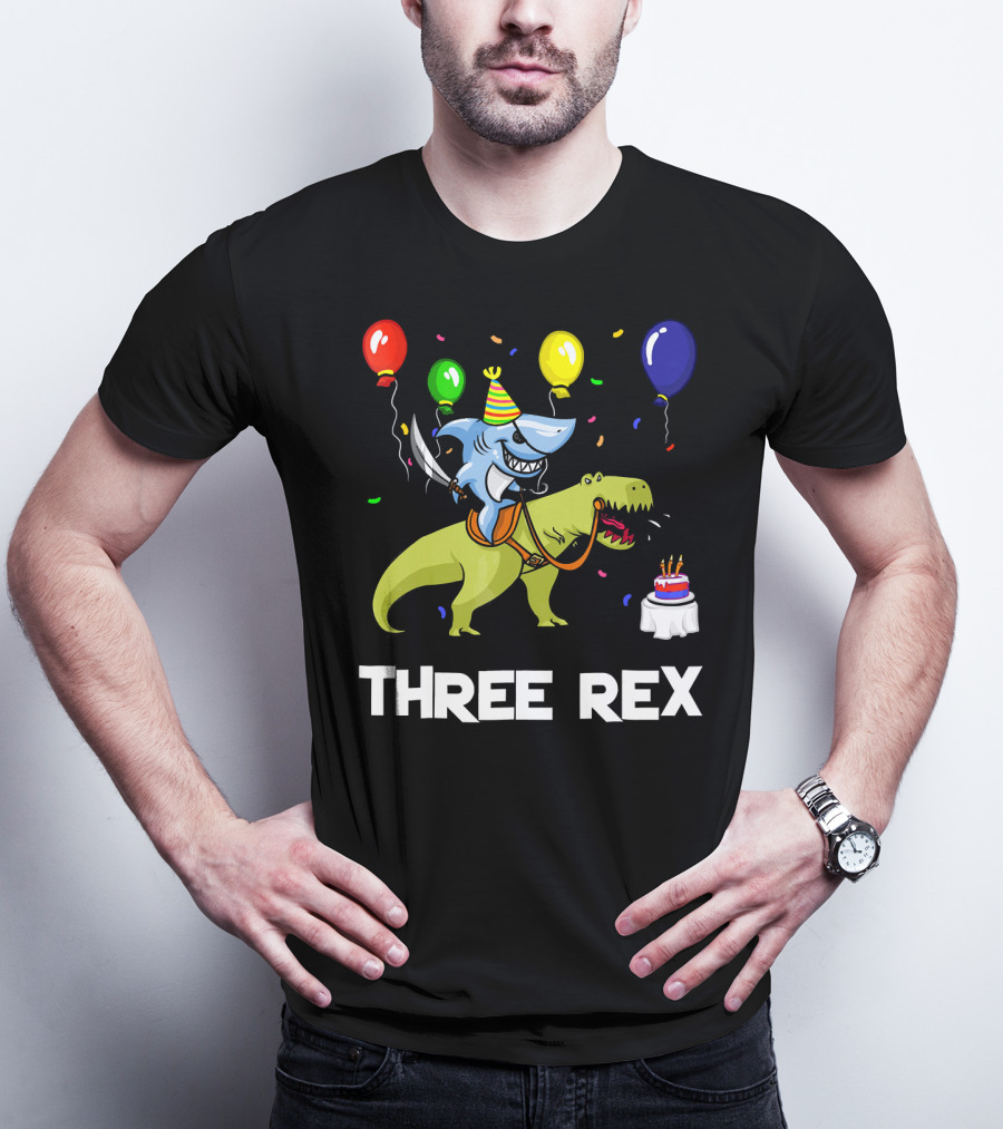 Three Rex Birthday Shark Pirate Riding Dinosaur With Balloons And Cake T-Shirt