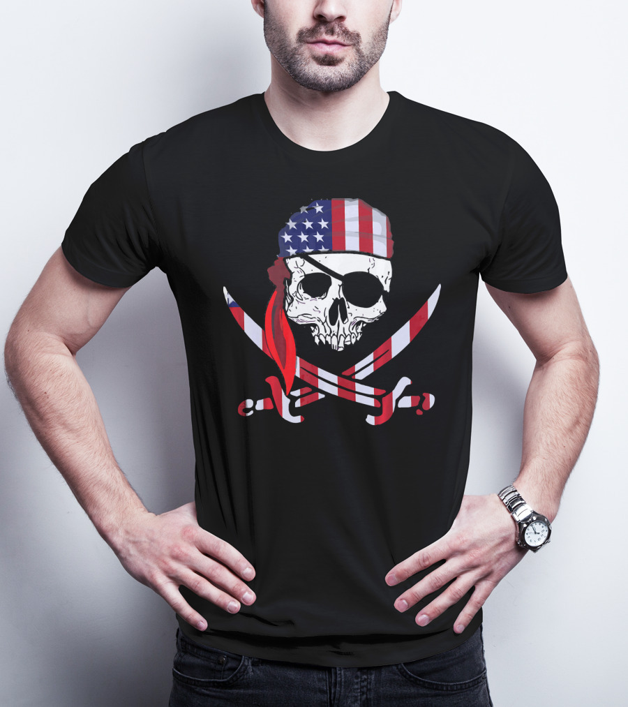 Cool Skull American Flag Pirate Patriotic T-Shirt