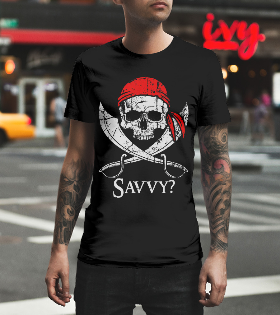 Savvy Pirate Skull And Crossbones With Red Bandana And Swords T-Shirt
