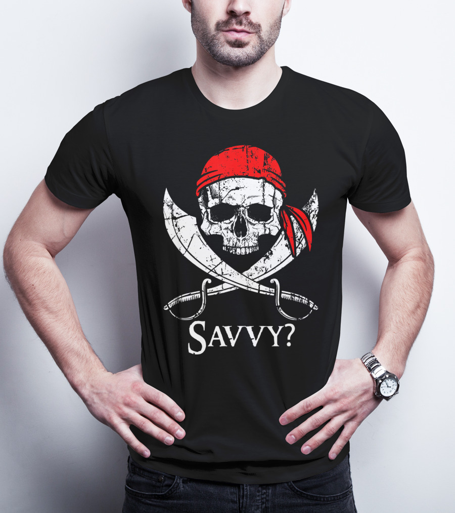 Savvy Pirate Skull And Crossbones With Red Bandana And Swords T-Shirt