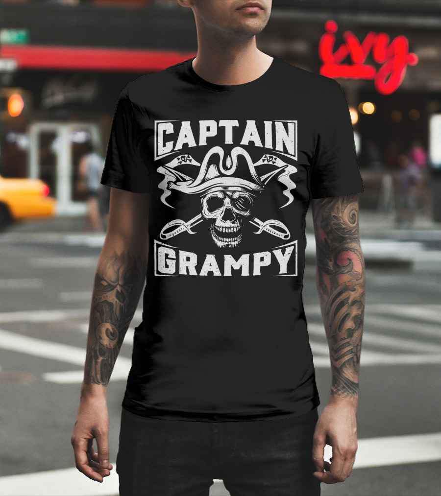 Captain Grampy Pirate Skull And Crossed Swords Motif T-Shirt