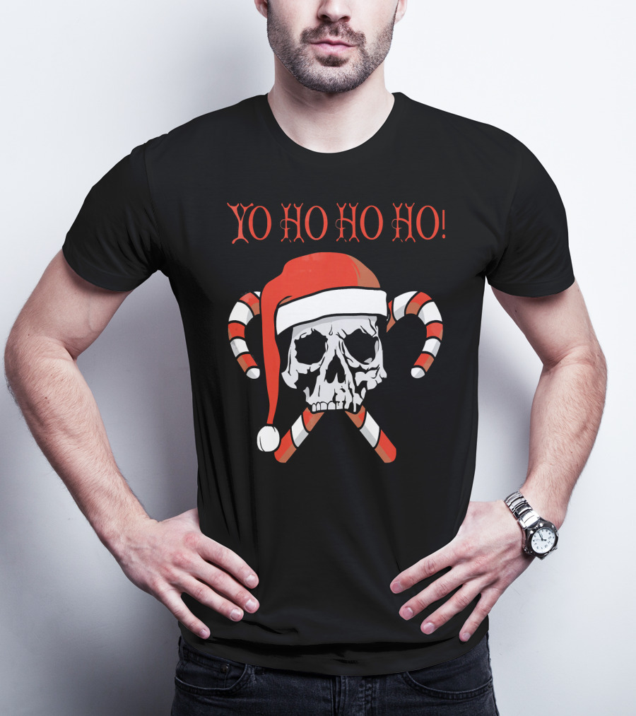 Yo Ho Ho Ho Christmas Pirate Santa Skull With Candy Canes T-Shirt