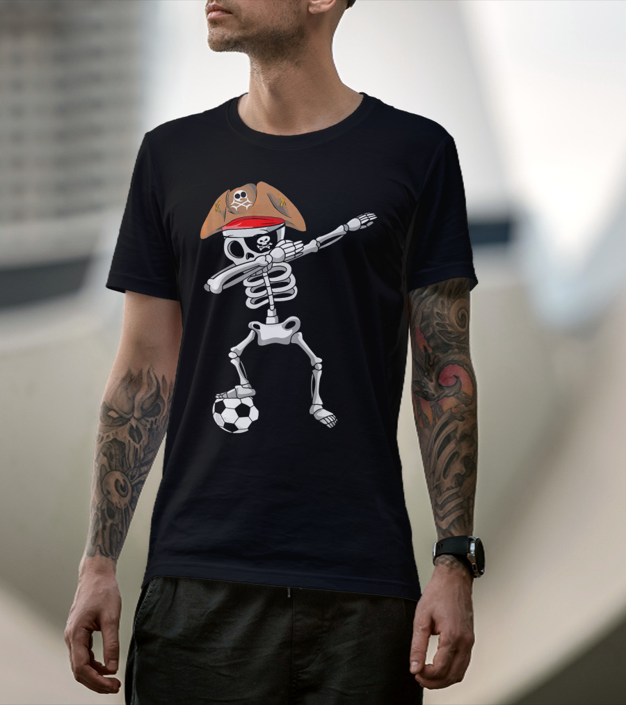 Skull Soccer Pirate Skeleton Dabbing With Eye Patch And Hat T-Shirt