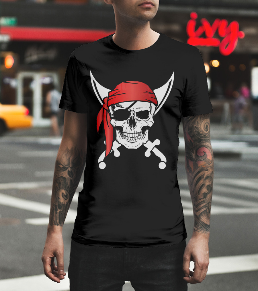 Pirate Skull Red Bandana Crossed Knives Iconic T-Shirt