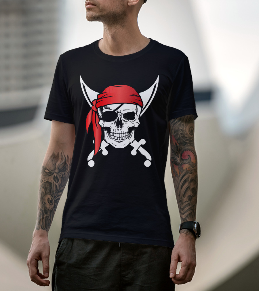 Pirate Skull Red Bandana Crossed Knives Iconic T-Shirt