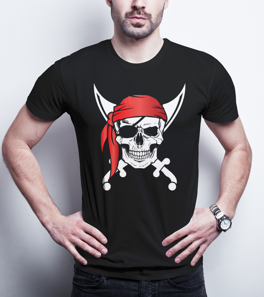 Pirate Skull Red Bandana Crossed Knives Iconic T-Shirt