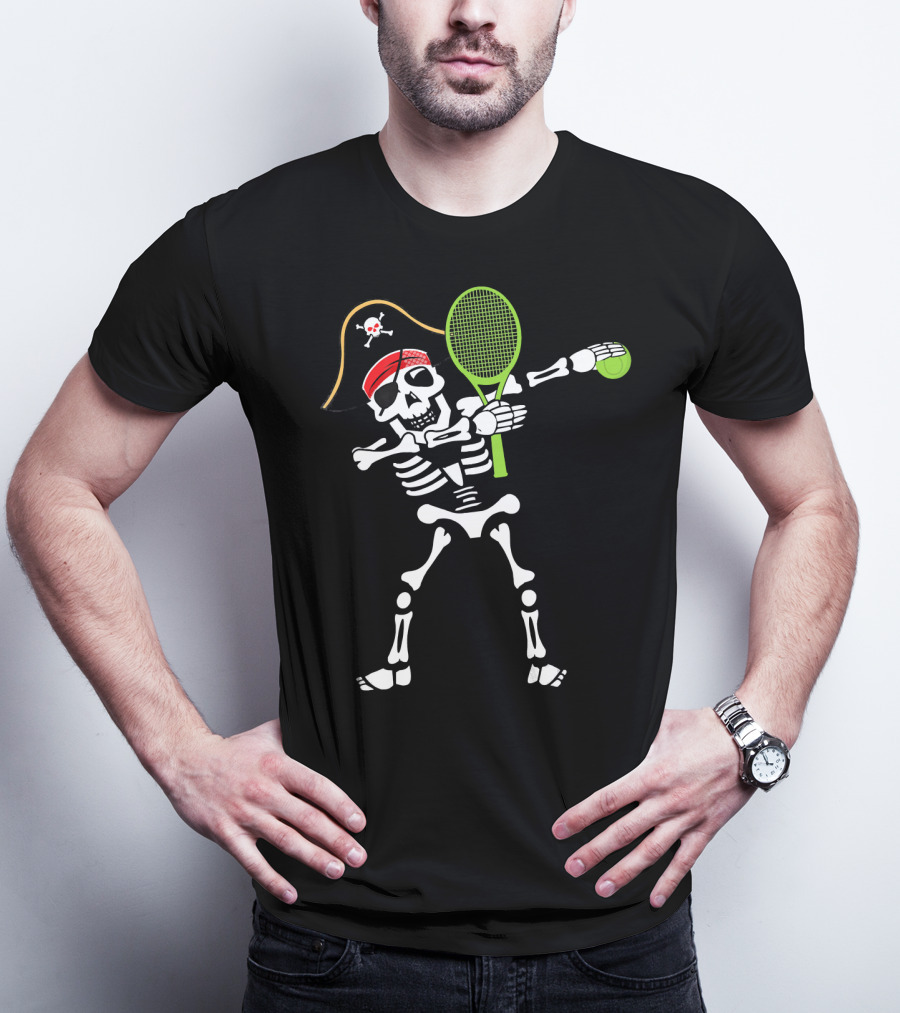 Tennis Dabbing Skeleton With Pirate Hat And Racket T-Shirt