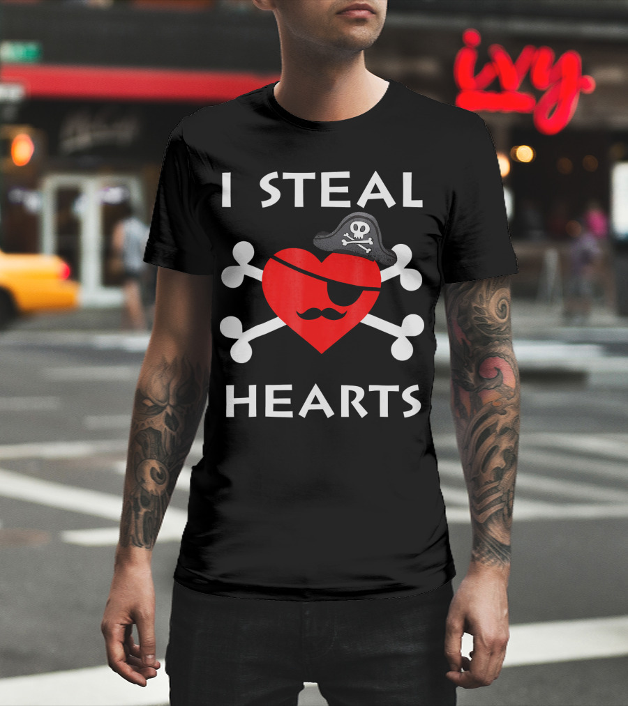 I Steal Hearts Valentine Day Pirate Eyepatch Skull Crossbones T-Shirt