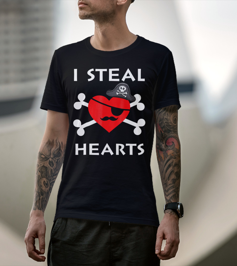 I Steal Hearts Valentine Day Pirate Eyepatch Skull Crossbones T-Shirt