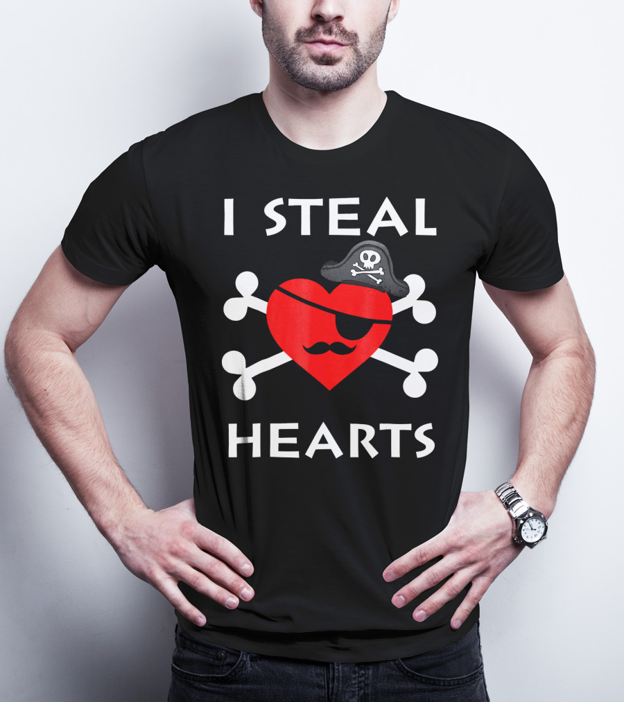 I Steal Hearts Valentine Day Pirate Eyepatch Skull Crossbones T-Shirt