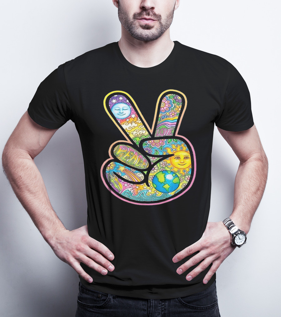 Peace Love Trippy Sun And Moon Psychedelic Earth Groovy Harmony T-Shirt