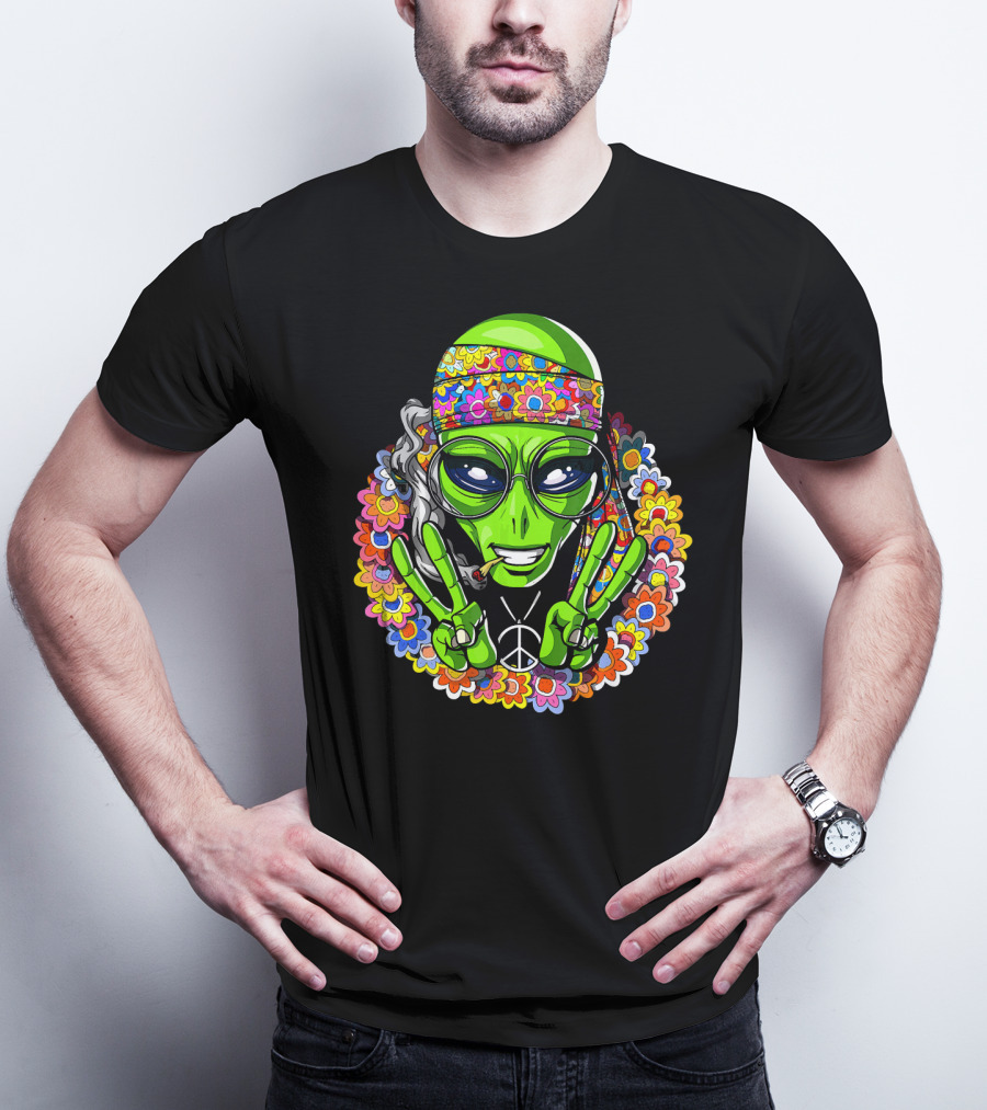 Hippie Alien Peace Sign Psychedelic Flowers Smoking Groovy T-Shirt