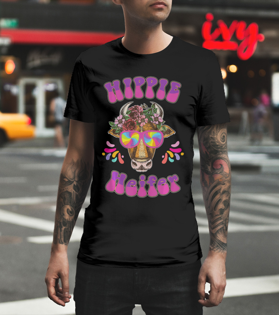 Hippie Heifer Peace Vintage Retro Cow With Floral Crown And Psychedelic Glasses T-Shirt
