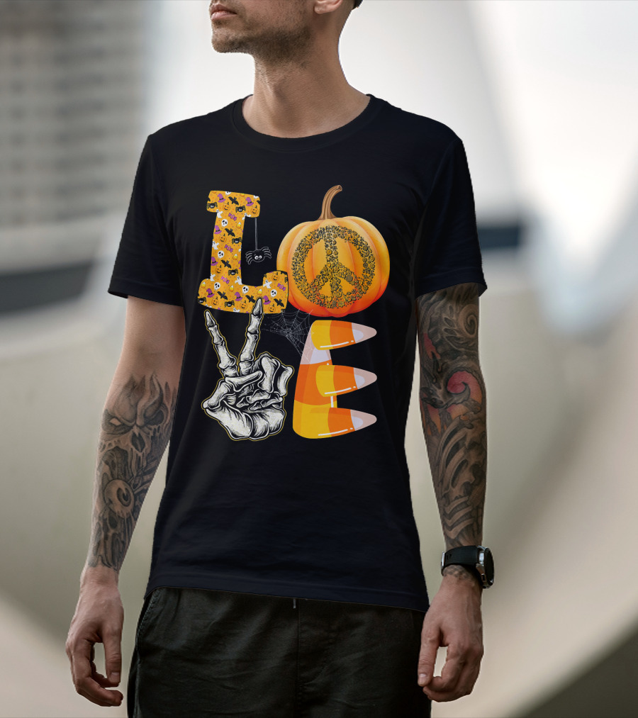 LOVE Halloween Peace Pumpkin Skeleton V Candy Corn T-Shirt