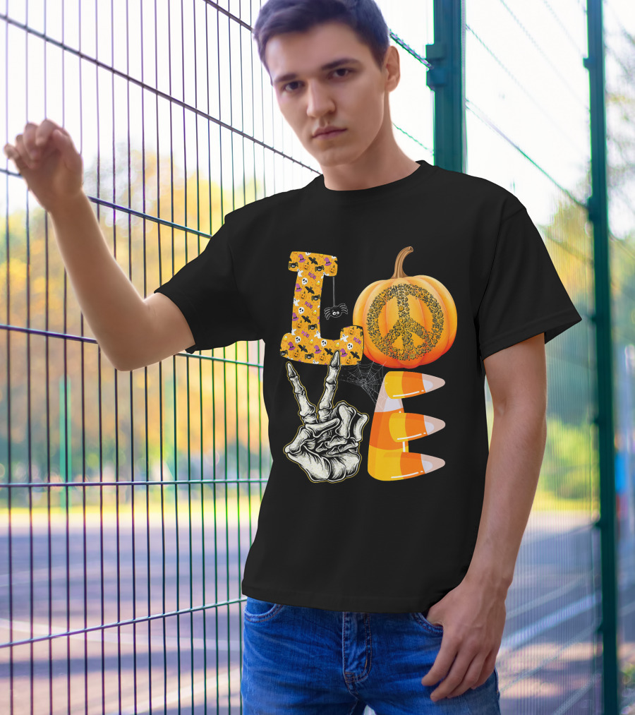 LOVE Halloween Peace Pumpkin Skeleton V Candy Corn T-Shirt