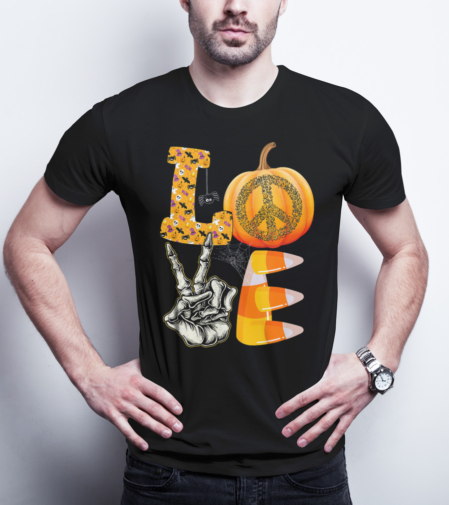 LOVE Halloween Peace Pumpkin Skeleton V Candy Corn T-Shirt