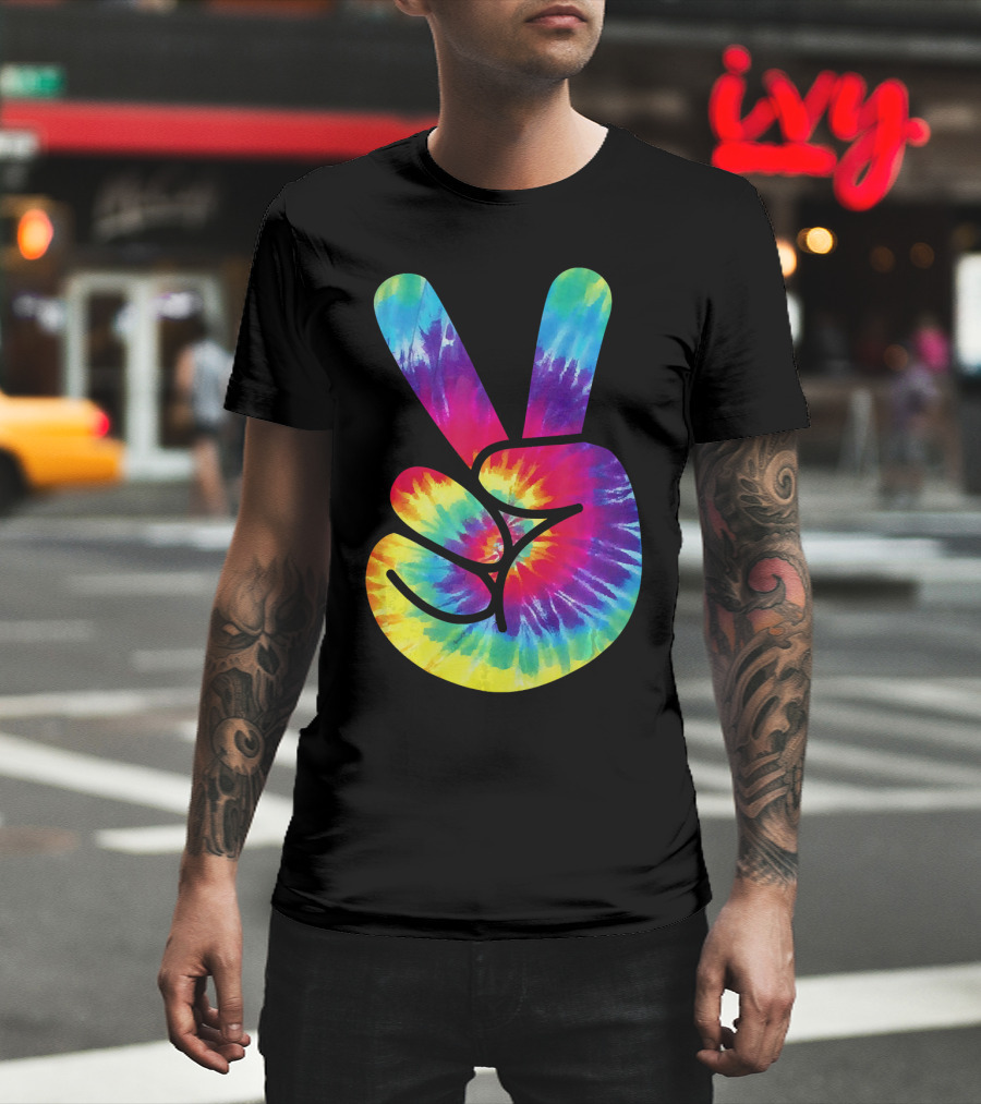 Groovy Tie Dye Peace Sign Two Finger Gesture T-Shirt