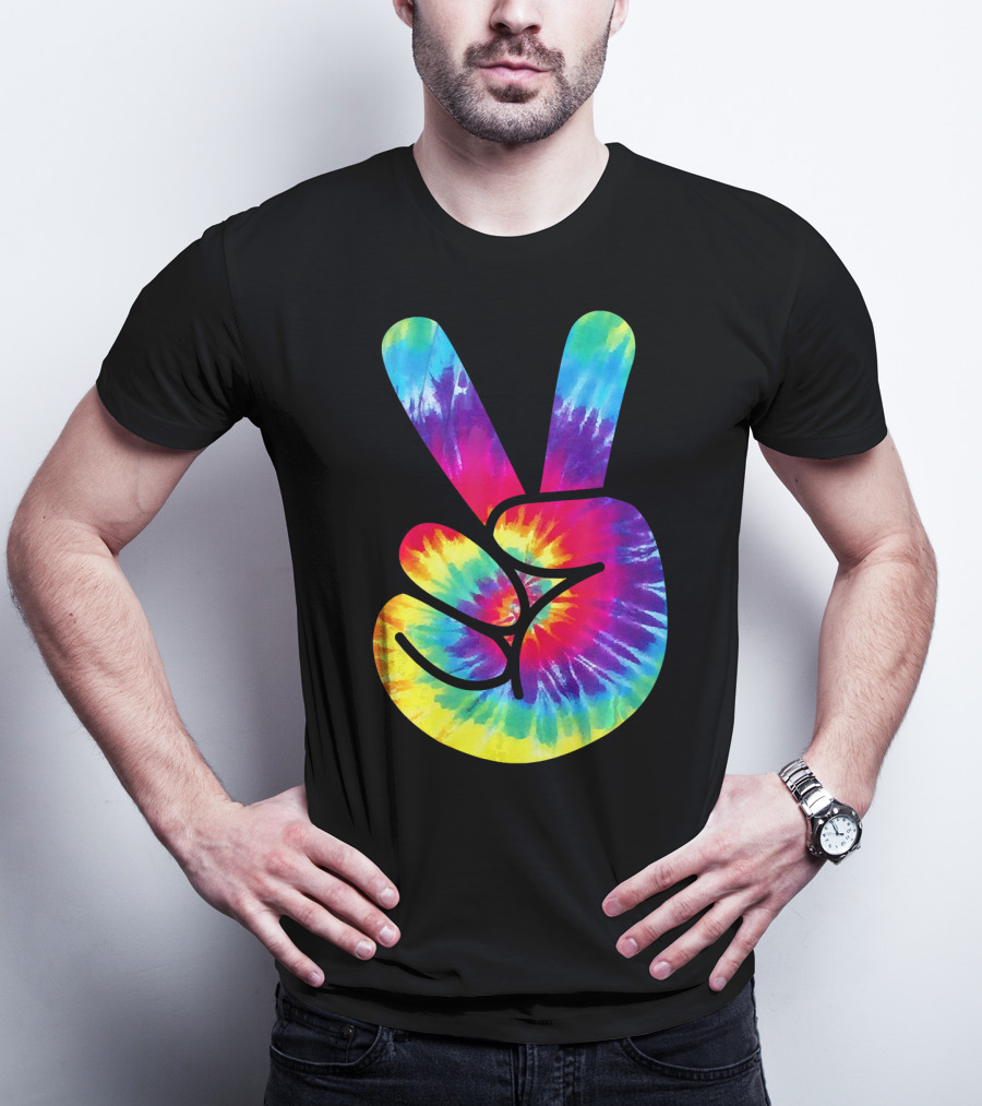Groovy Tie Dye Peace Sign Two Finger Gesture T-Shirt