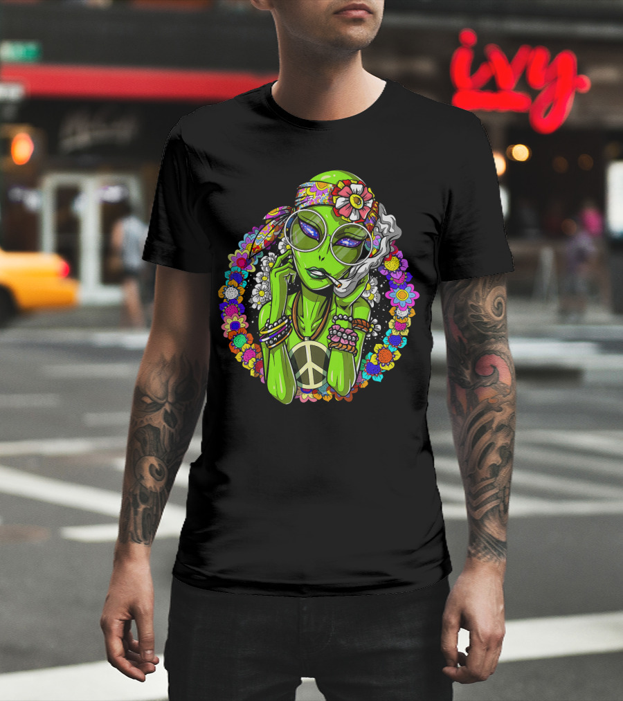 Psychedelic Hippie Alien Smoking With Peace Symbol Surrounded By Vibrant Flowers T-Shirt
