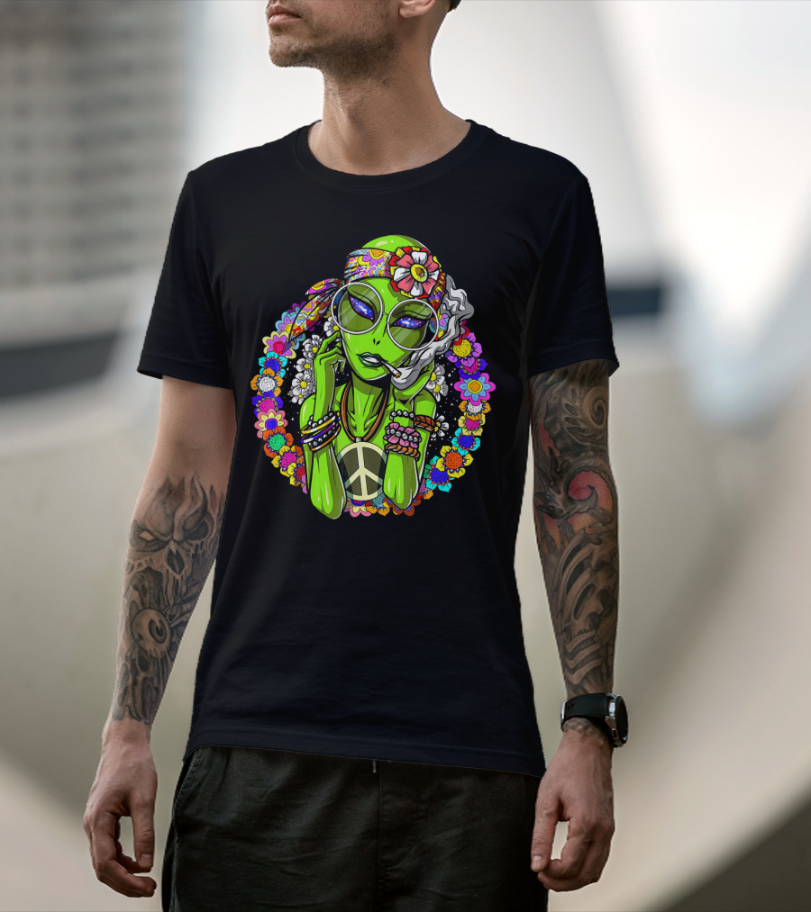 Psychedelic Hippie Alien Smoking With Peace Symbol Surrounded By Vibrant Flowers T-Shirt