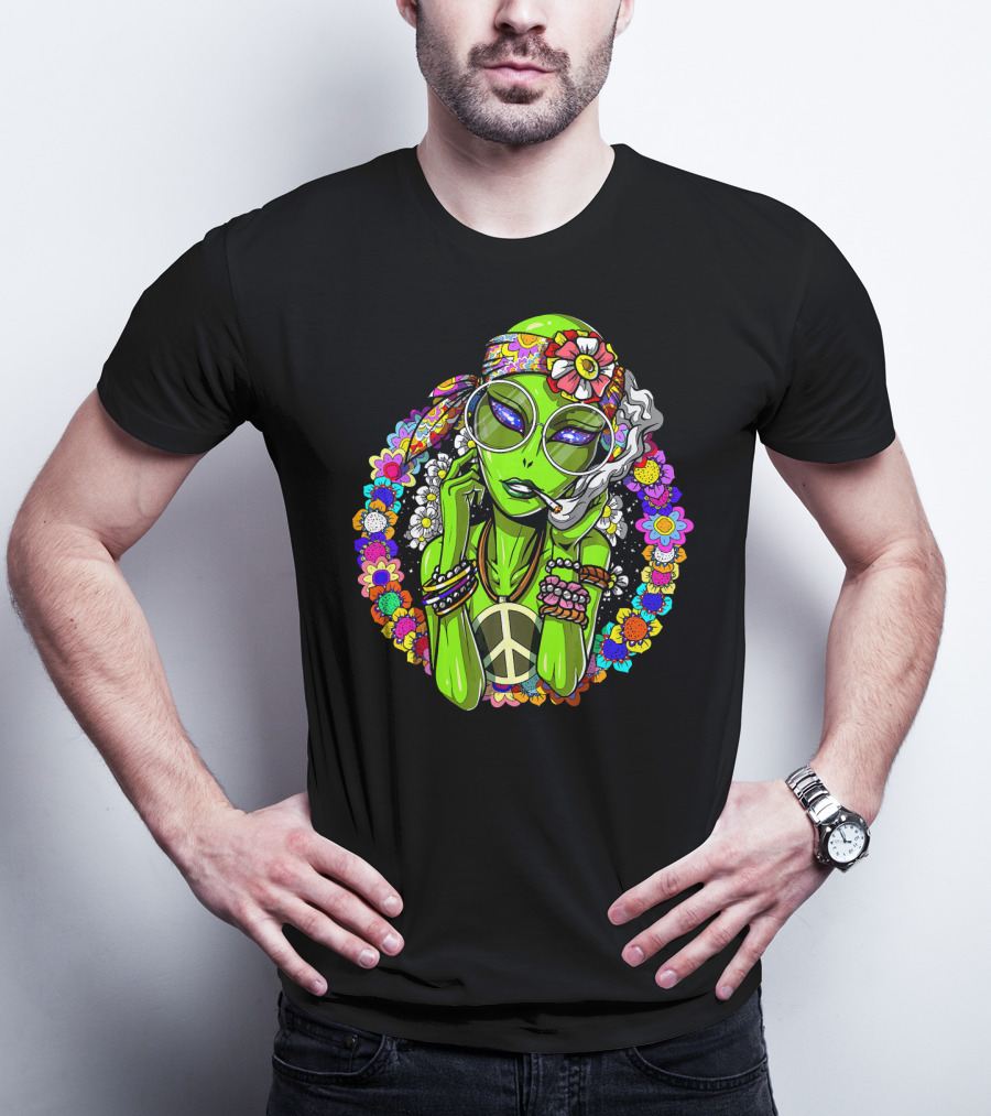 Psychedelic Hippie Alien Smoking With Peace Symbol Surrounded By Vibrant Flowers T-Shirt