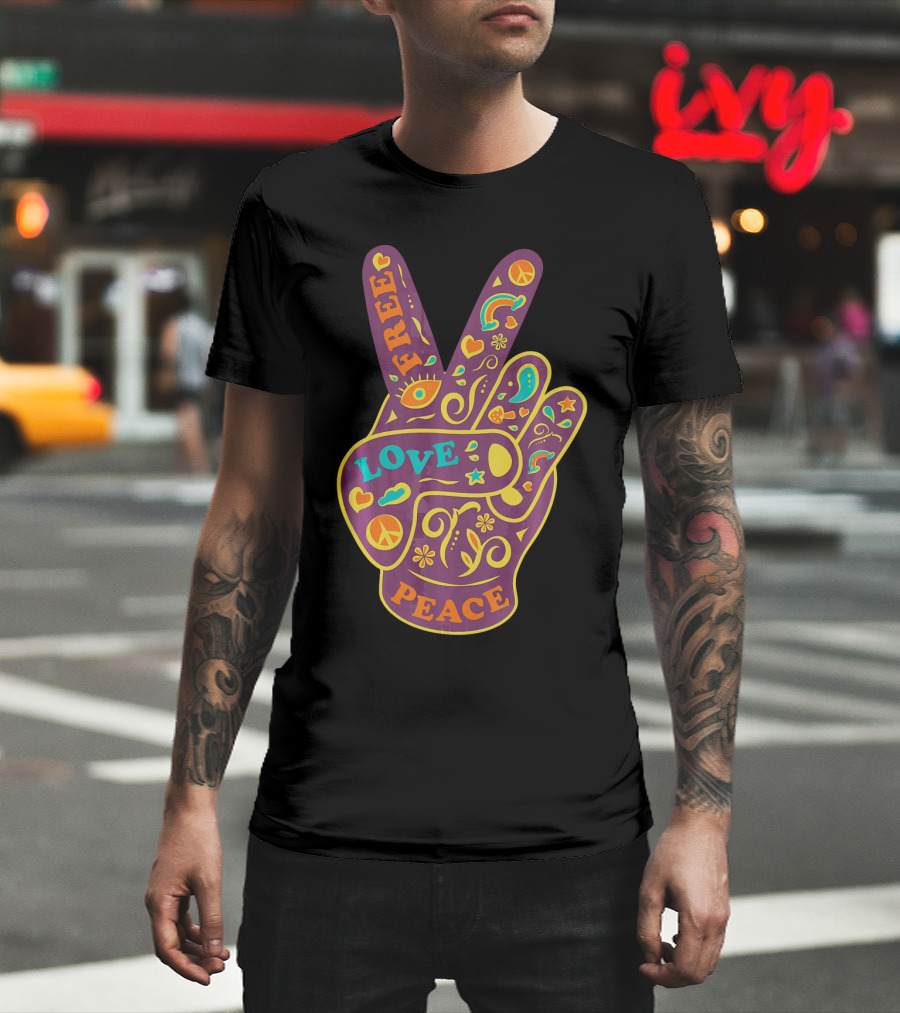 Free Love Peace Bohemian Boho Chic Peace Sign Hand T-Shirt