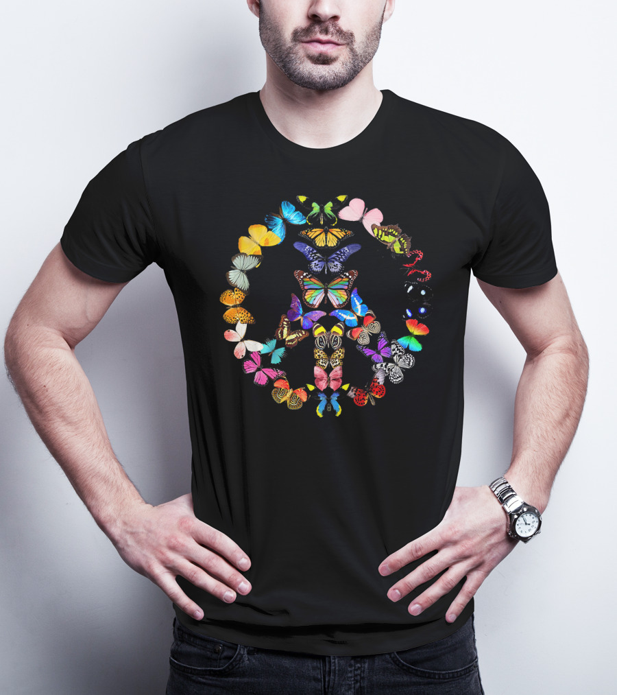 Peace Sign Butterflies 1960s Vibes Rainbow Colors T-Shirt