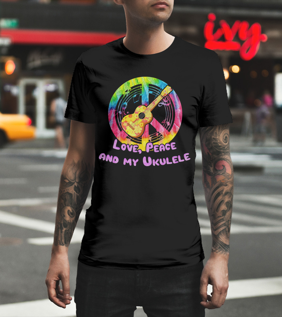 Love Peace And My Ukulele Music Hippi Rainbow Guitar Peace Sign T-Shirt