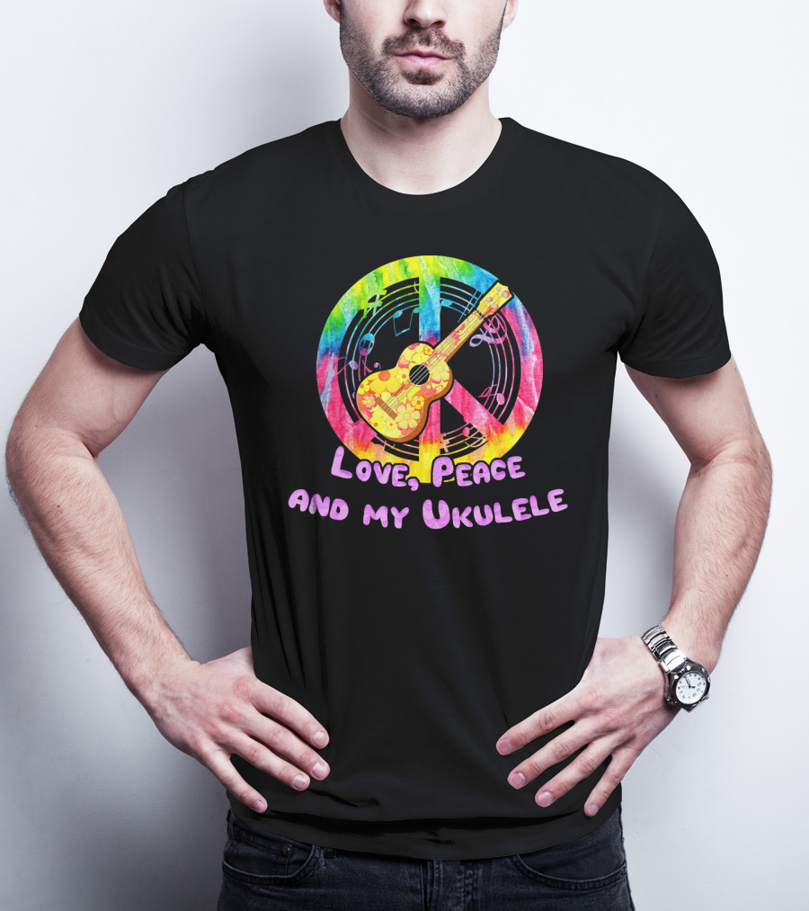 Love Peace And My Ukulele Music Hippi Rainbow Guitar Peace Sign T-Shirt