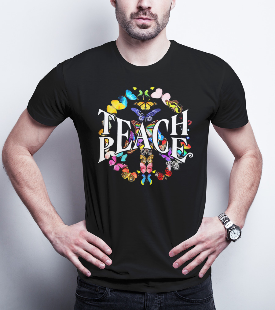 Teach Peace Colorful Butterfly Peace Sign T-Shirt