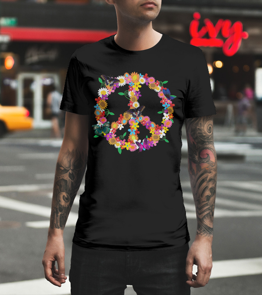 Fluttering Spring Flowers Peace Sign T-Shirt