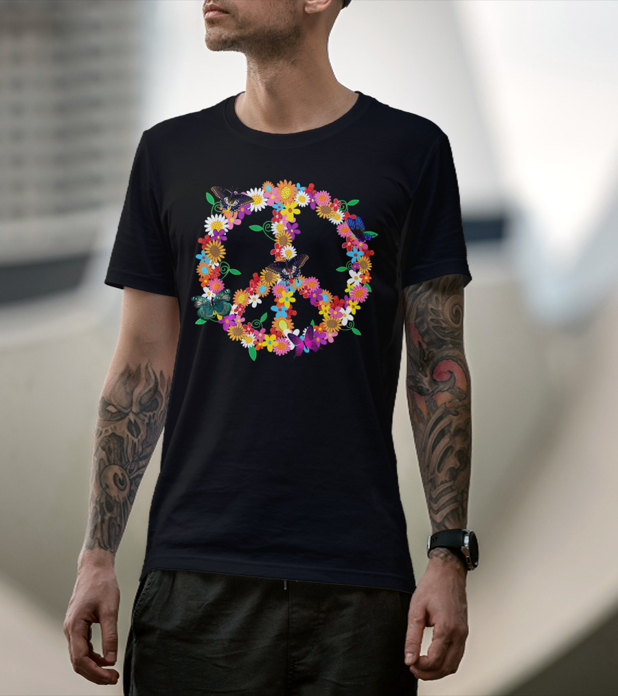 Fluttering Spring Flowers Peace Sign T-Shirt